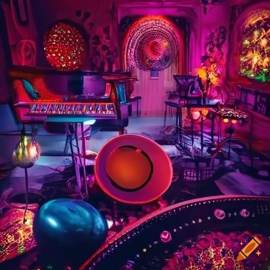 Magical music studio with vibrant instruments and disco balls on Craiyon