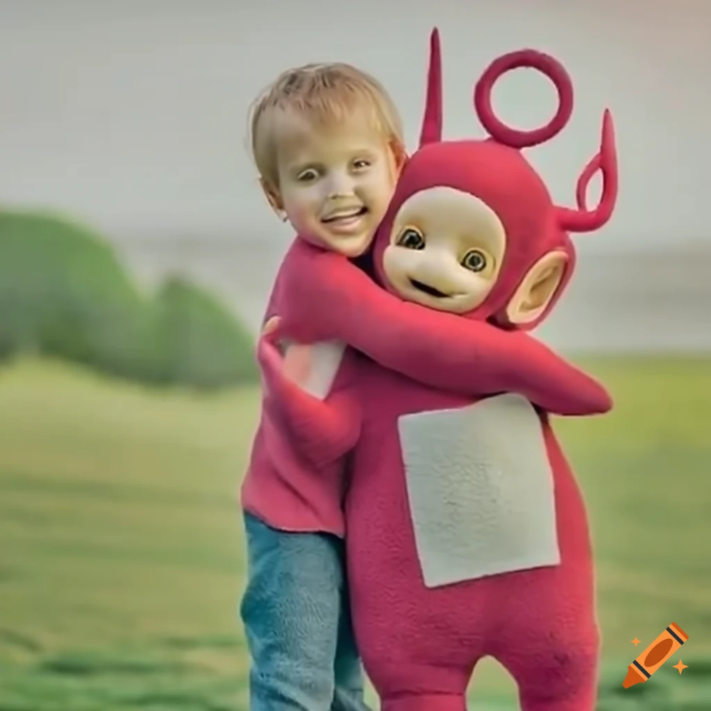 Female teletubby offering piggyback ride to a boy on Craiyon