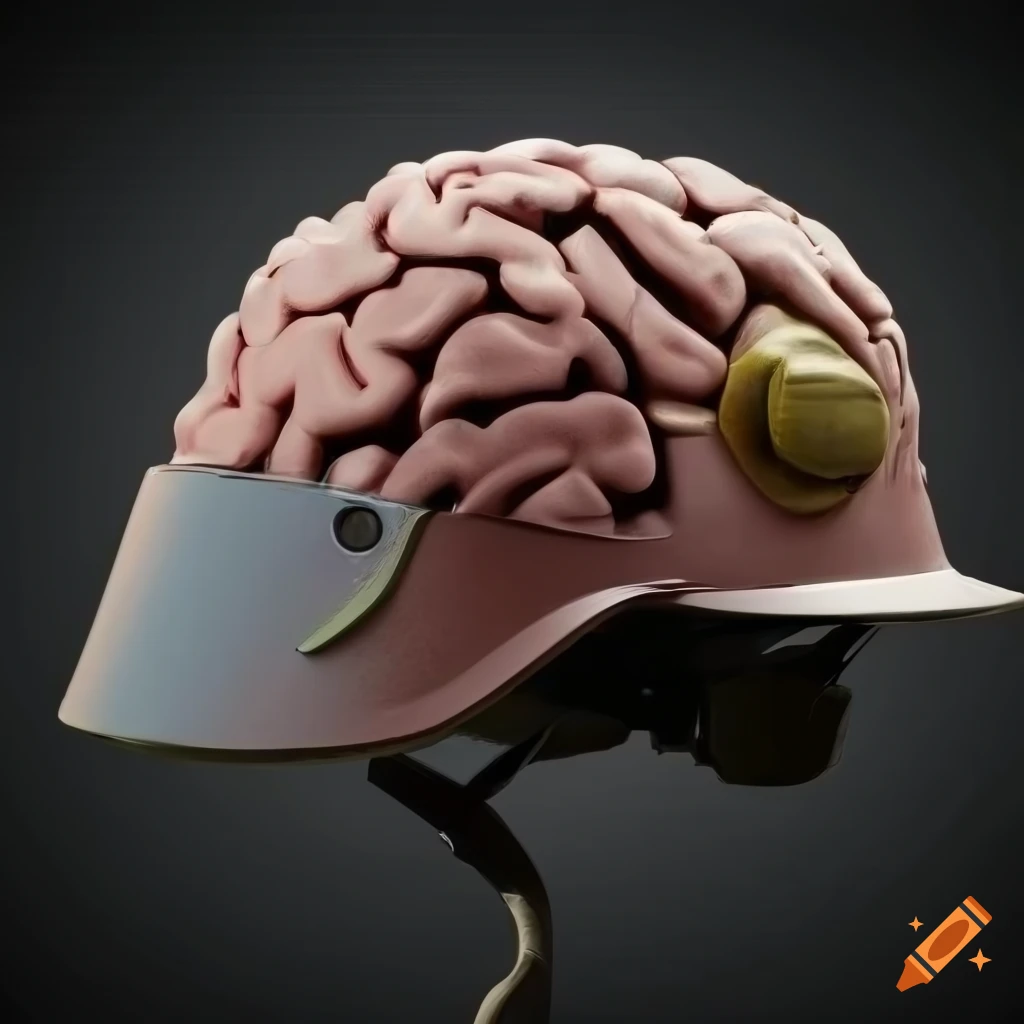 Brain with American soldier helmet in profile view on black background ...