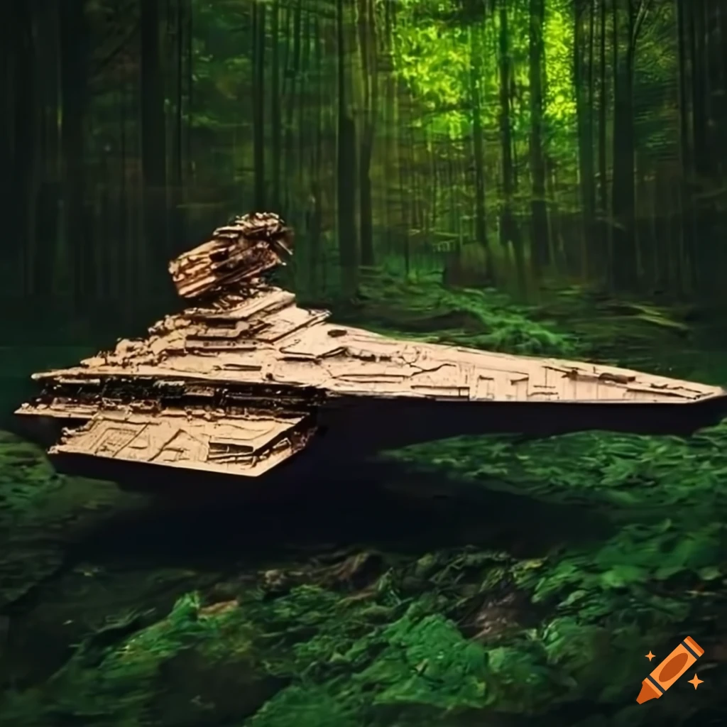Wooden Star Destroyer in a forest setting inspired by Star Wars on Craiyon