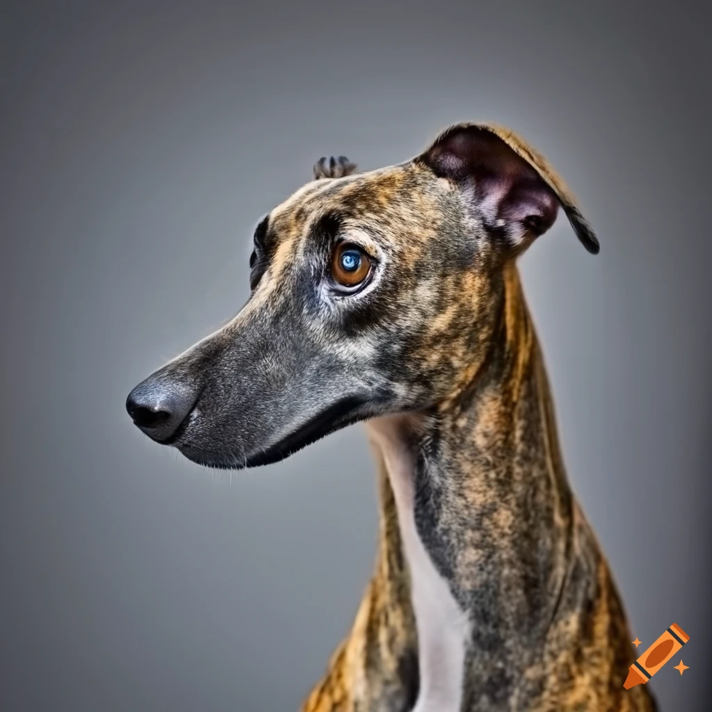 Fawn brindle greyhound against a grey backdrop on Craiyon