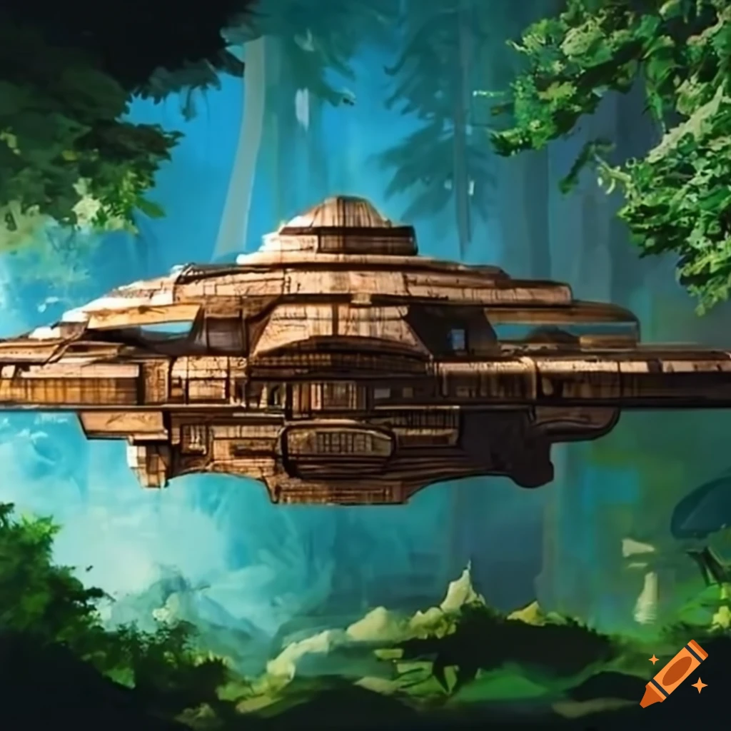 Wooden Starship in a forest setting inspired by Star Wars on Craiyon