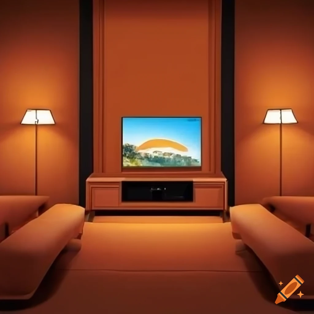 Orange room with a television, showing wider view of the surroundings ...