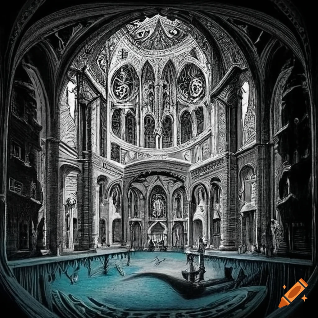 Intricate cathedral drawing inspired by mc escher's style on Craiyon
