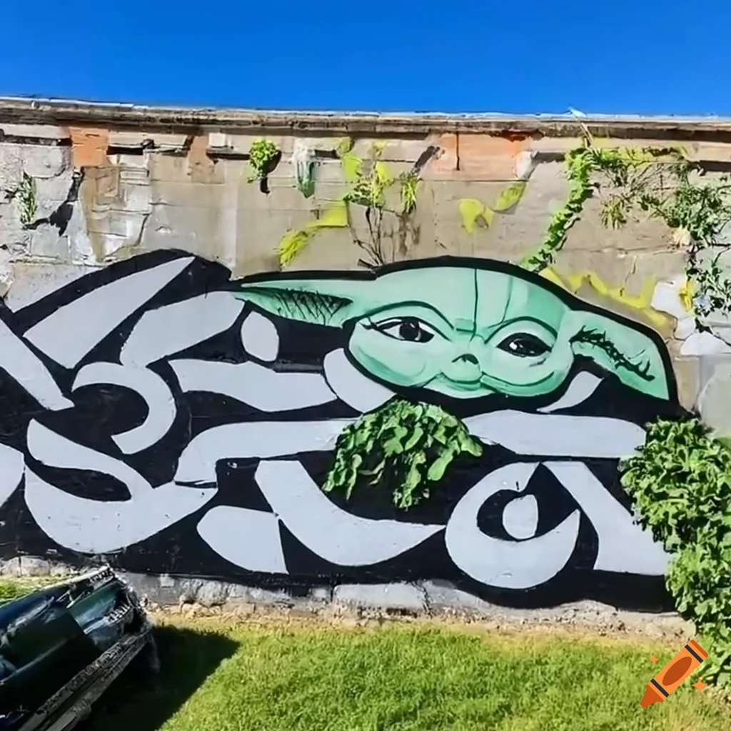 Graffiti of baby yoda covered by vines on a wall on Craiyon