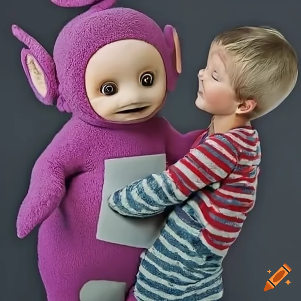 Female teletubby carrying a boy piggyback on Craiyon