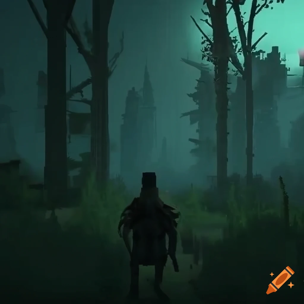 First-person view of a forest in a survival horror game at night on Craiyon