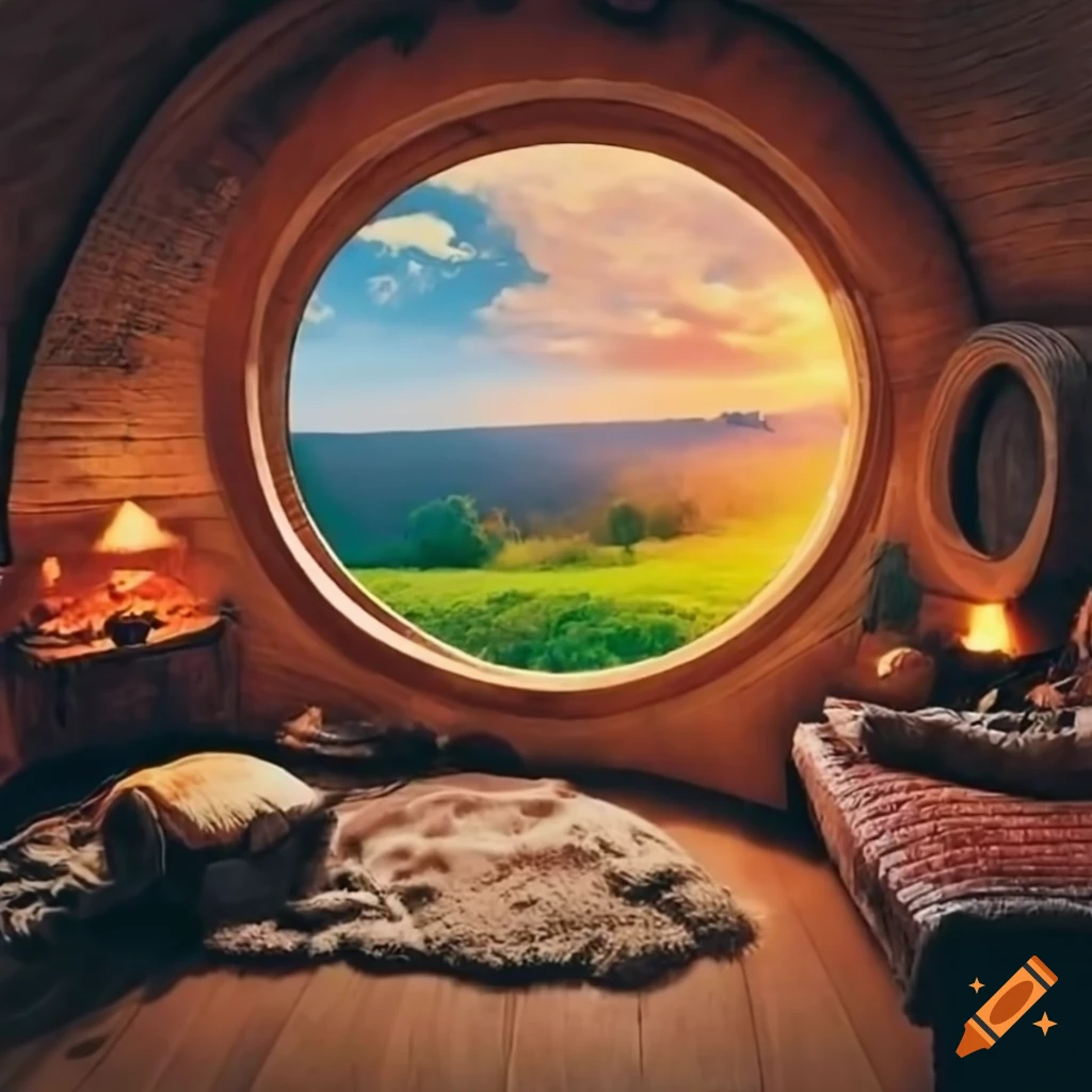Cozy hobbit hole bedroom with fireplace and round windows on Craiyon