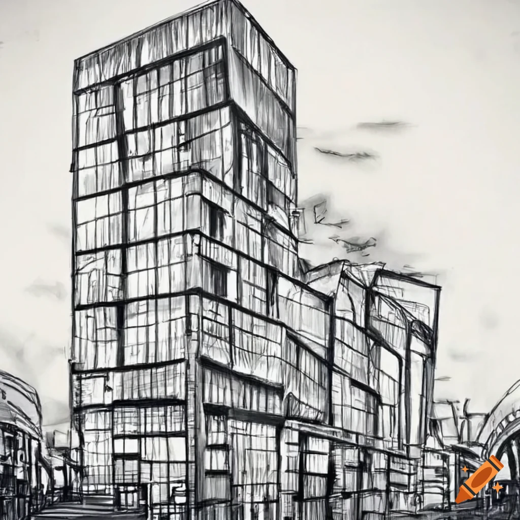 Modern building sketched in pencil without color and lacking complexity ...