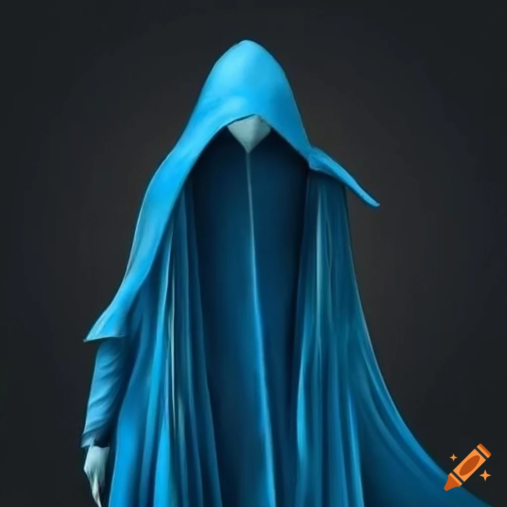 Mysterious figure in long flowing blue robes and mask on Craiyon