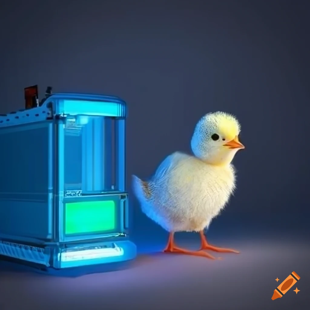 Cute chick using high-tech 3D printer for battery components on Craiyon