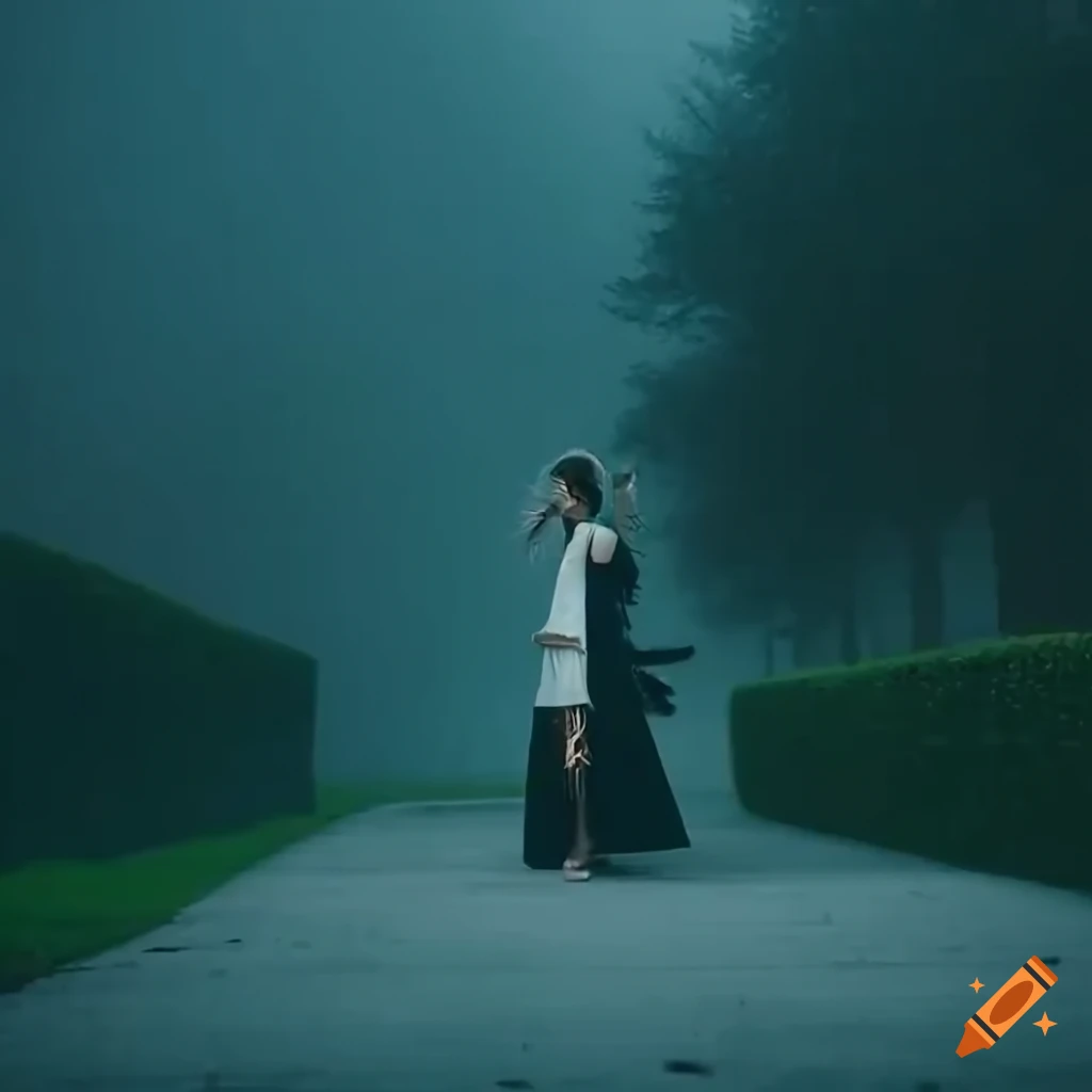 Mysterious woman creature walking outside a foggy house on Craiyon