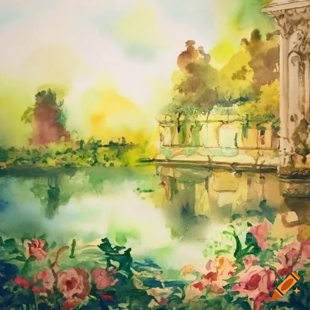 Rococo garden with pond in watercolor style on Craiyon