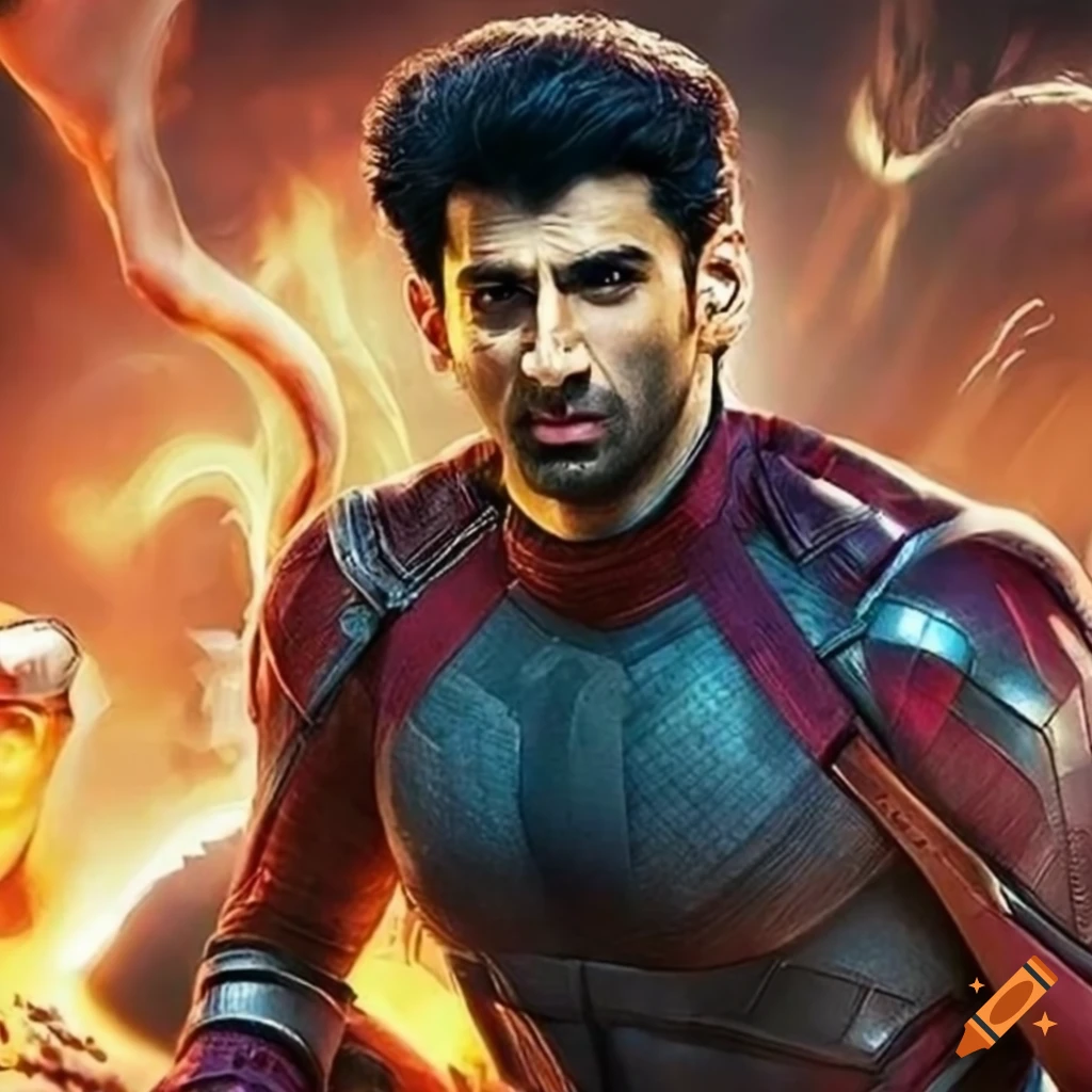 Bollywood actor Aditya Roy Kapur in a Marvel character pose on Craiyon