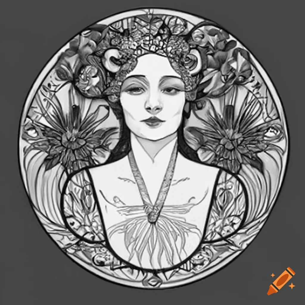 Portrait with surreal details and floral hair in the style of Klimt and ...