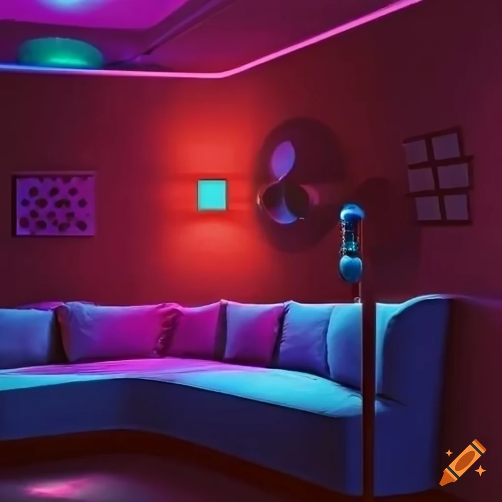 Karaoke room with vibrant color-changing lights on Craiyon