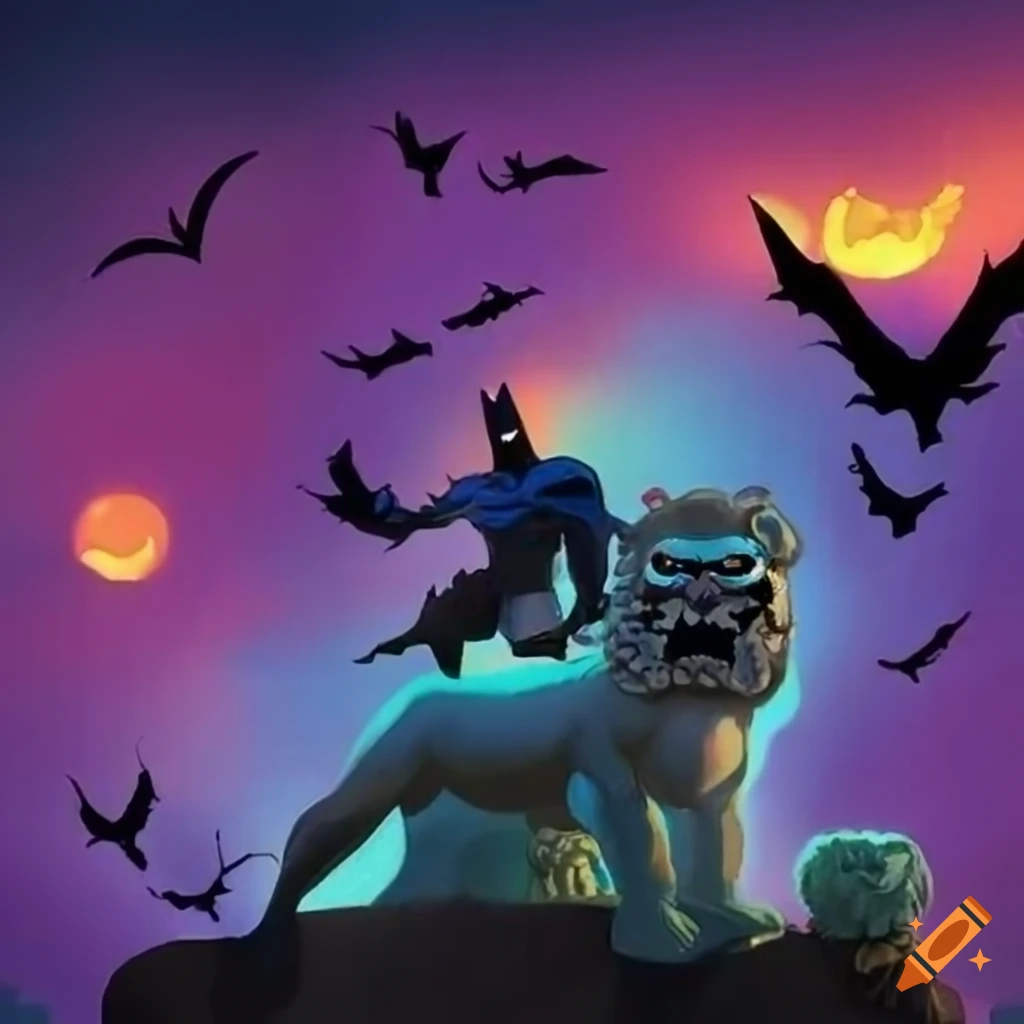 Batman with stone lion by ming dynasty temple under the night sky on ...