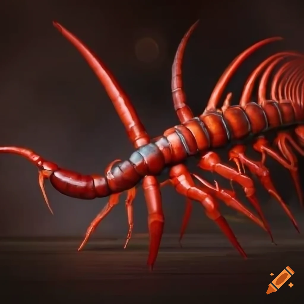 Intricately detailed metal insect resembling a giant red centipede in a ...