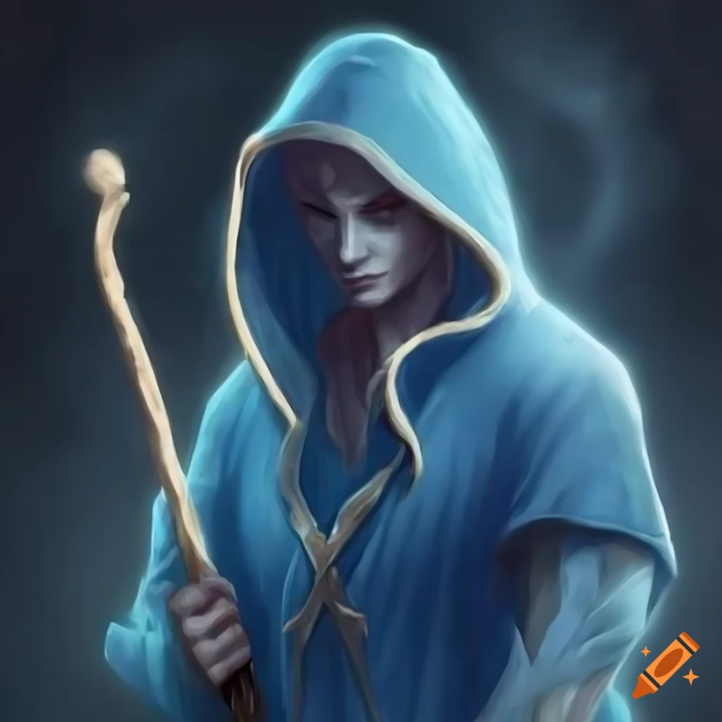 Middle-aged elf battle mage with hooded staff in atmospheric art on Craiyon