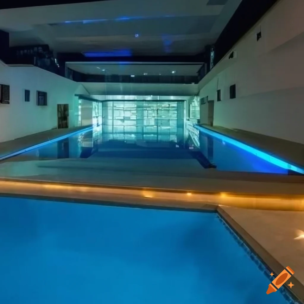 Massive indoor swimming complex with multiple pools at night on Craiyon