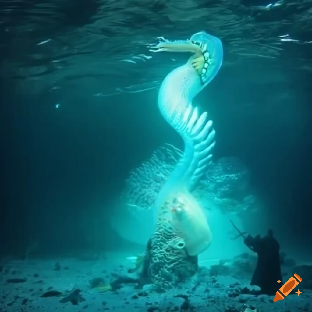 Intimidating sea serpent animatronic in underwater scene on Craiyon