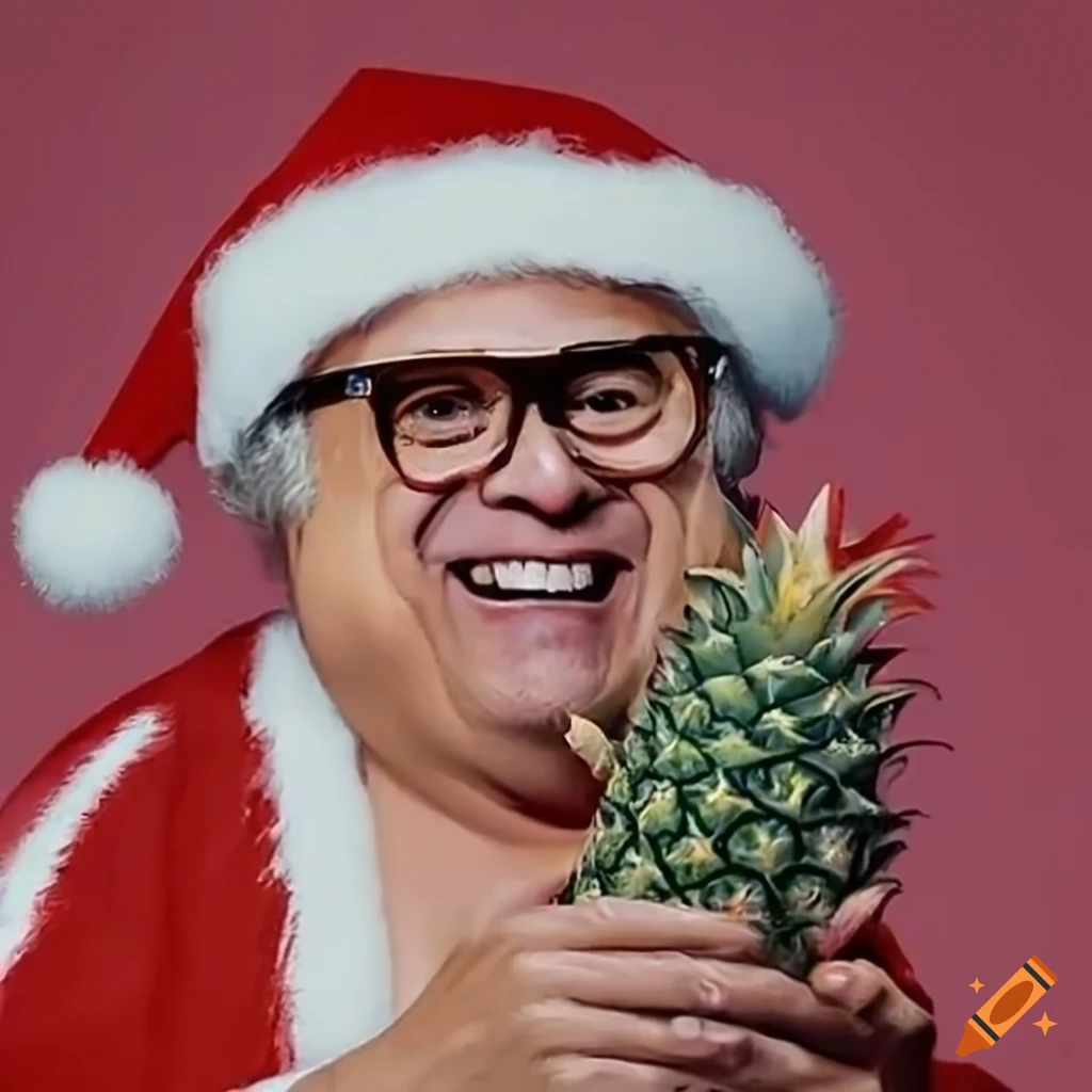 Danny devito sitting on santa's lap holding pineapples with a crazy ...