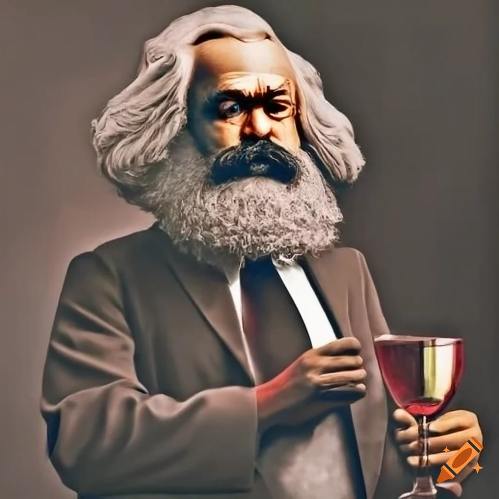 Karl marx in deep thought in a factory with a glass of red wine on Craiyon