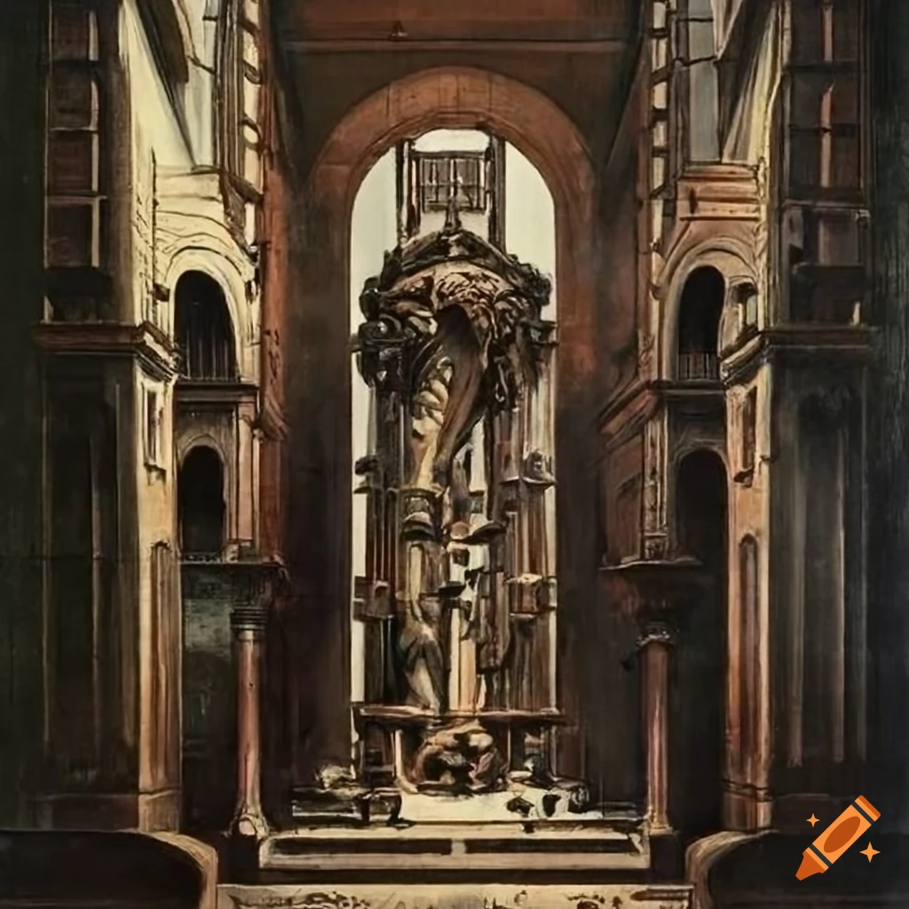 Fortress with fluid circuits pipes and statues in a unique artistic ...