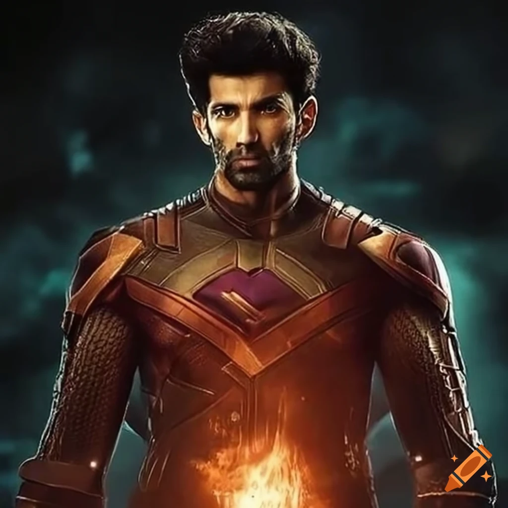 Bollywood star Aditya Roy Kapur as a Marvel superhero in action on Craiyon