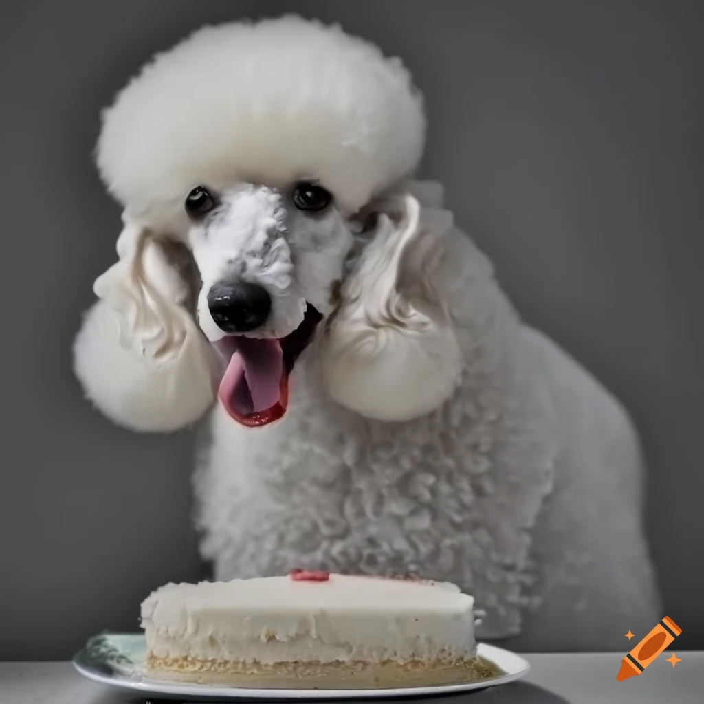 White poodle enjoying cake messily on Craiyon