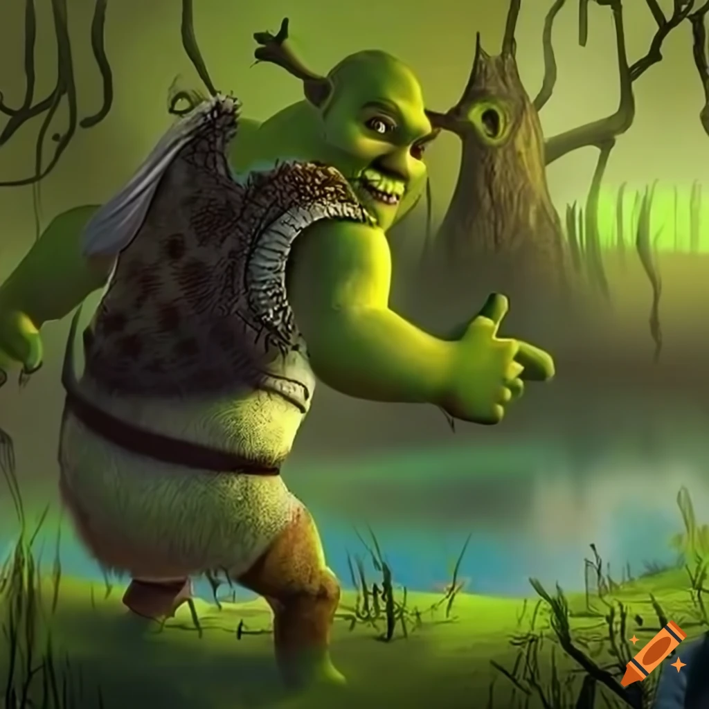 Shrek's swamp in a 2d art style on Craiyon