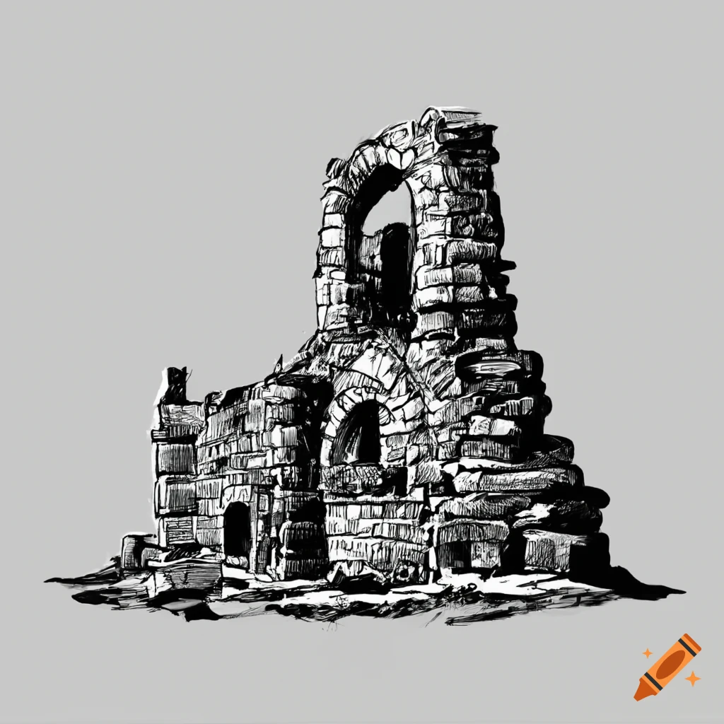Hand-drawn sketch of medieval bricks and ruins in black and white on ...