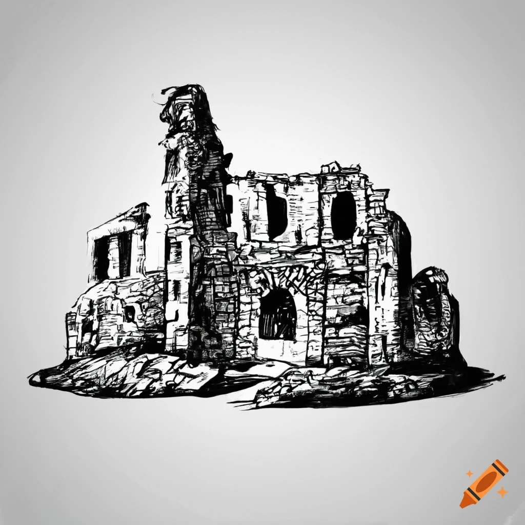 Hand-drawn sketch of medieval bricks and ruins in black and white on ...