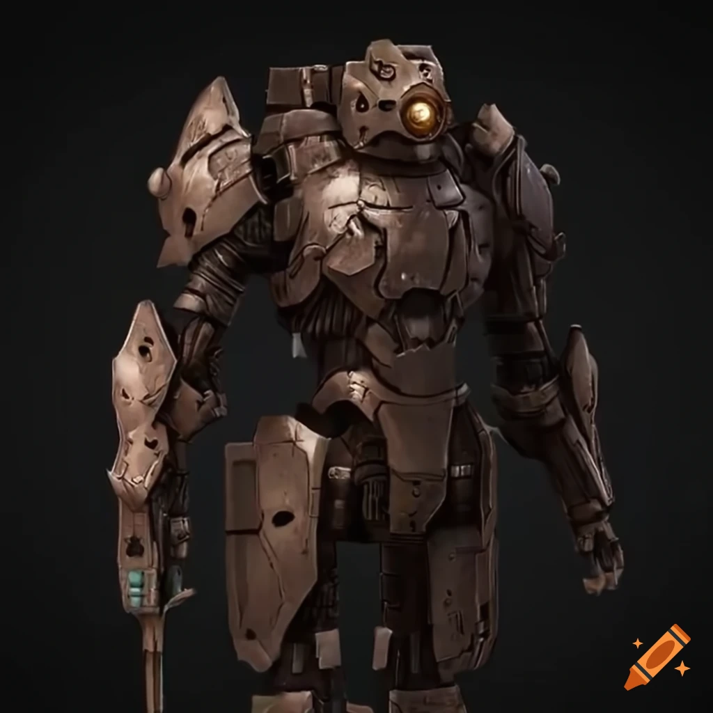 Intricately-detailed mech in dark brown armor with glowing sword on Craiyon