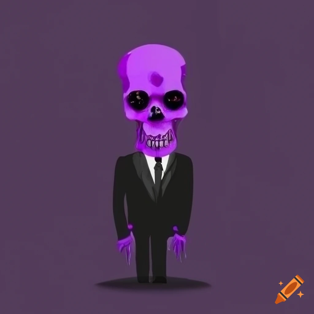 Dark purple skeleton in black suit smoking cigar on Craiyon