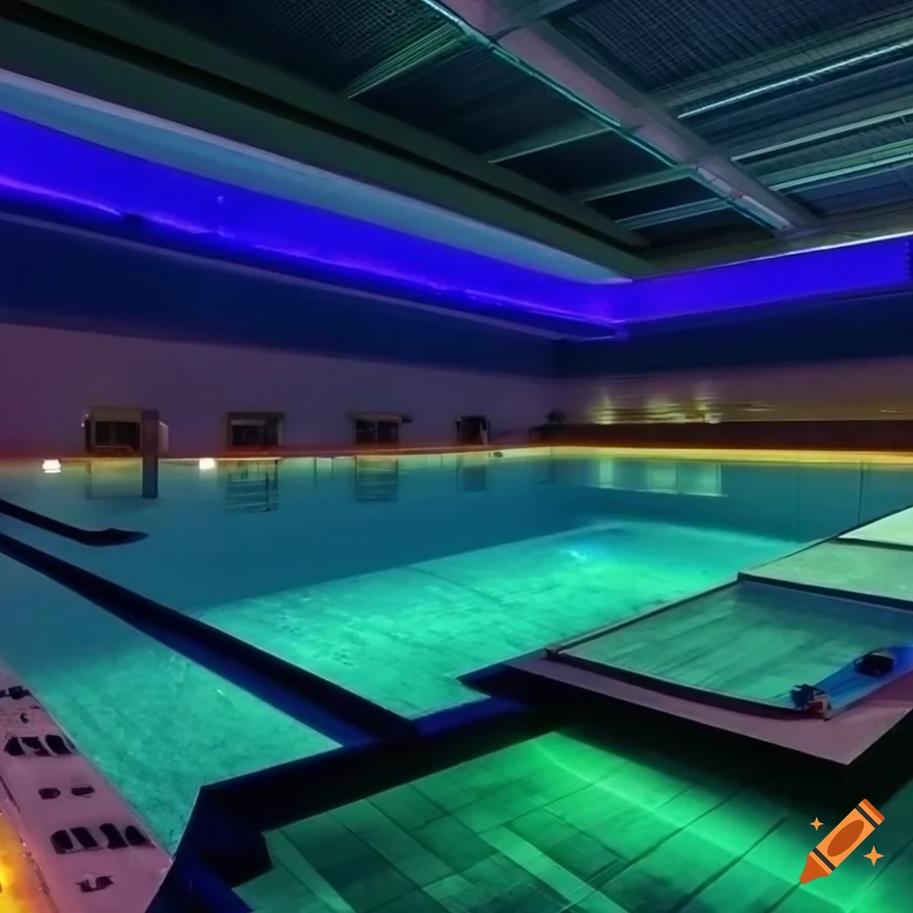 Massive indoor swimming complex with multiple pools at night on Craiyon