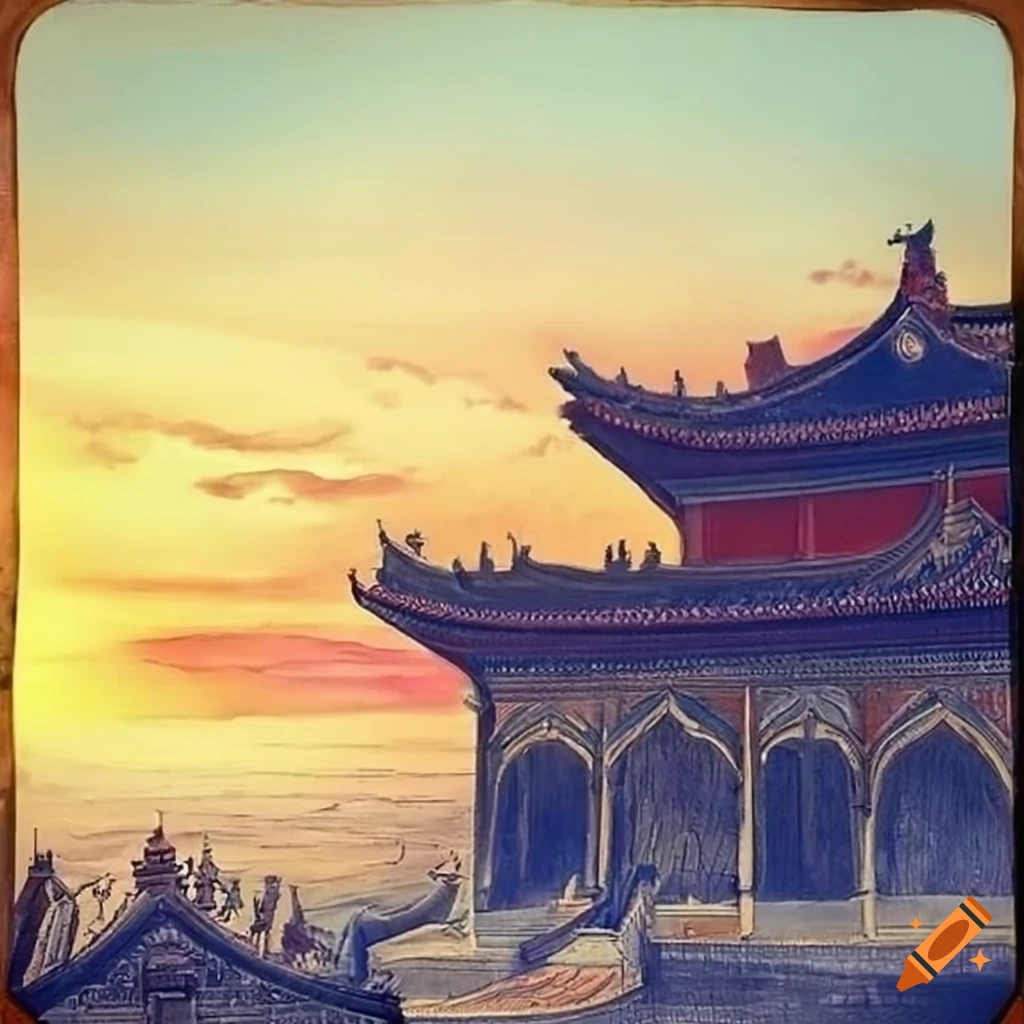 Batman at a ming dynasty temple during sunset surrounded by bats on Craiyon