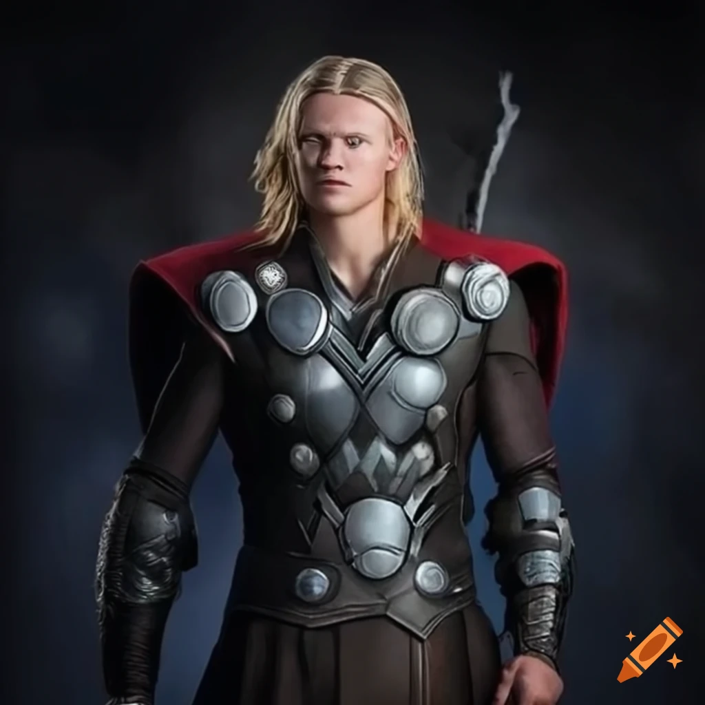 Realistic portrait of Erling Haaland as Thor Odinson from Marvel on Craiyon