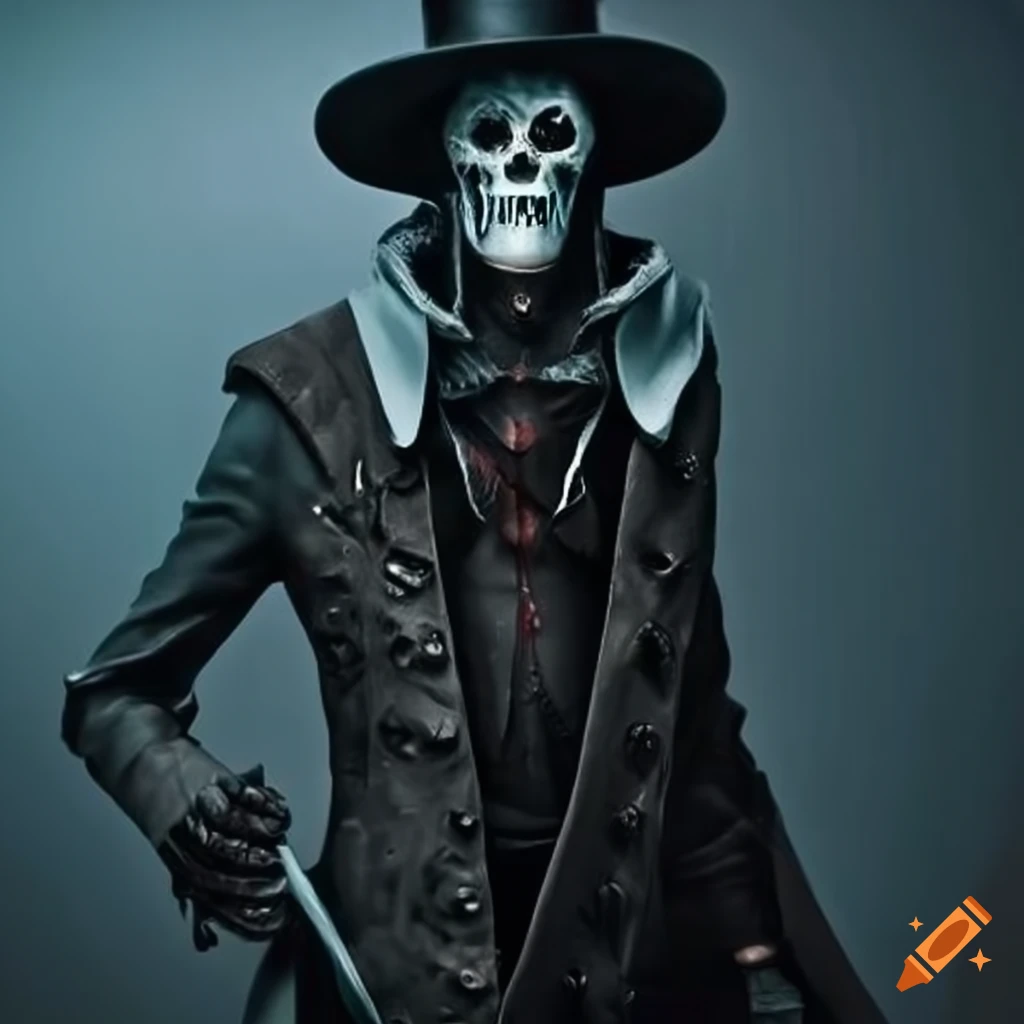 Elegantly dressed undead figure in high collar coat and top hat on Craiyon
