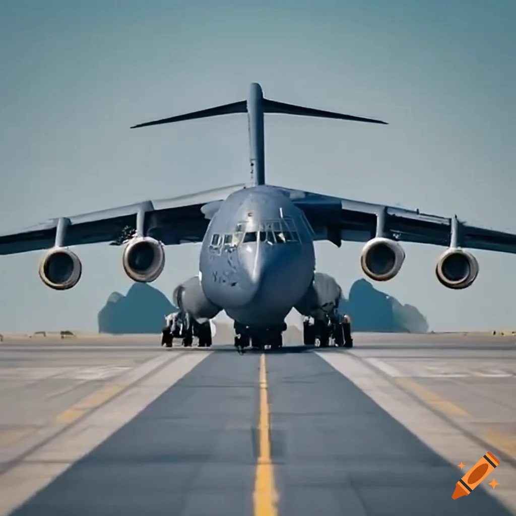 C-17 Globemaster III military aircraft landing on a concrete runway on ...