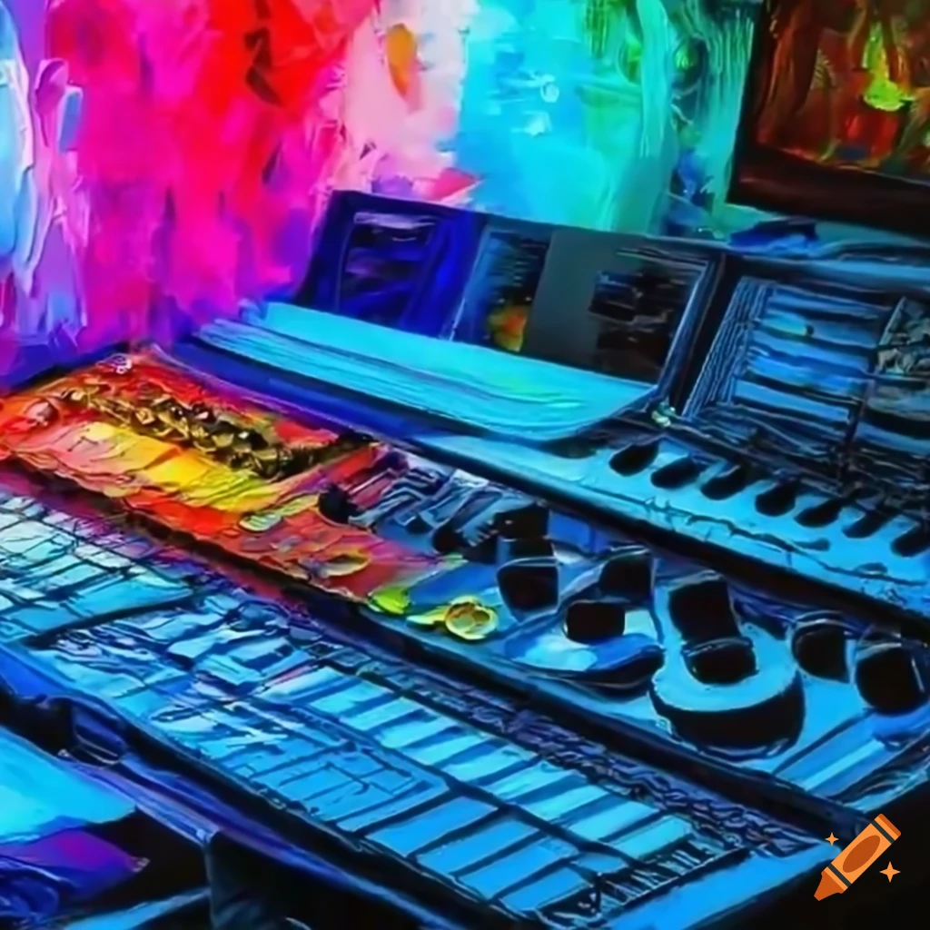 Vibrant home music production setup with computer screen on Craiyon