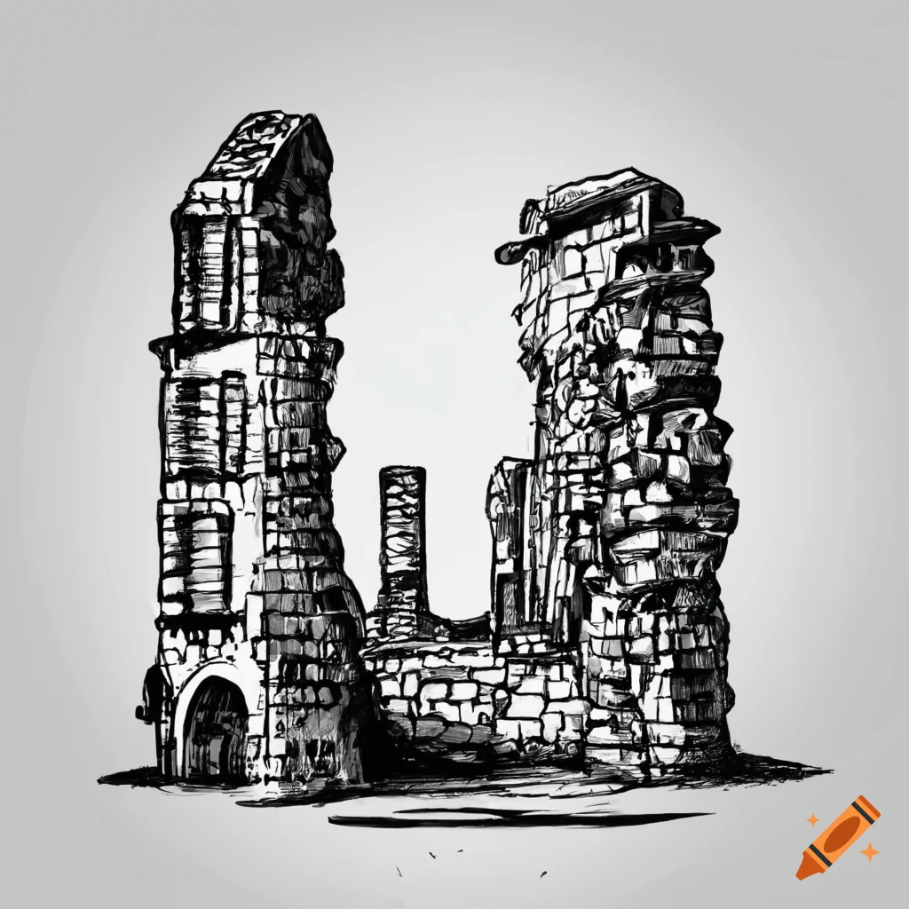 Hand-drawn medieval bricks and ruins sketch in black and white on Craiyon