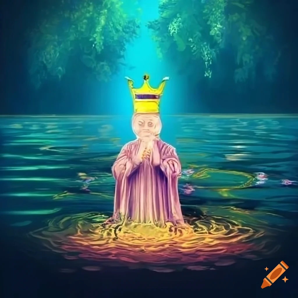 King praying to the lord with a pond in the background on Craiyon