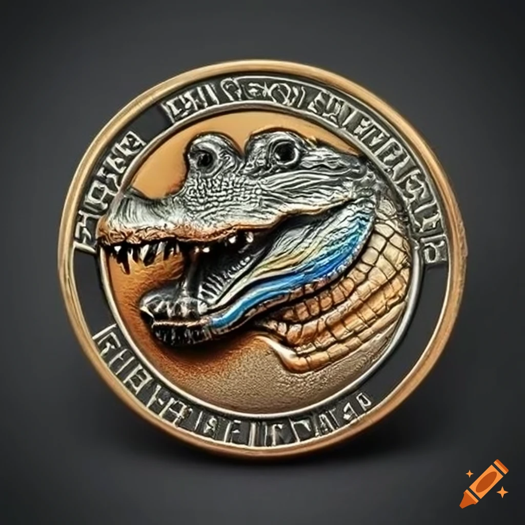 Embossed alligator head on a challenge coin on Craiyon
