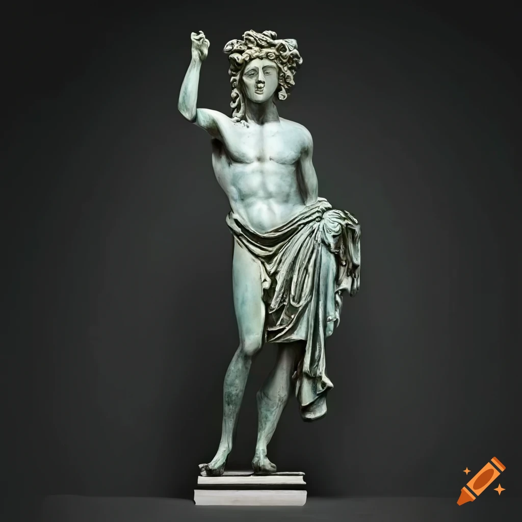 Ancient greek statue of standing helios in bronze-colored himation on ...