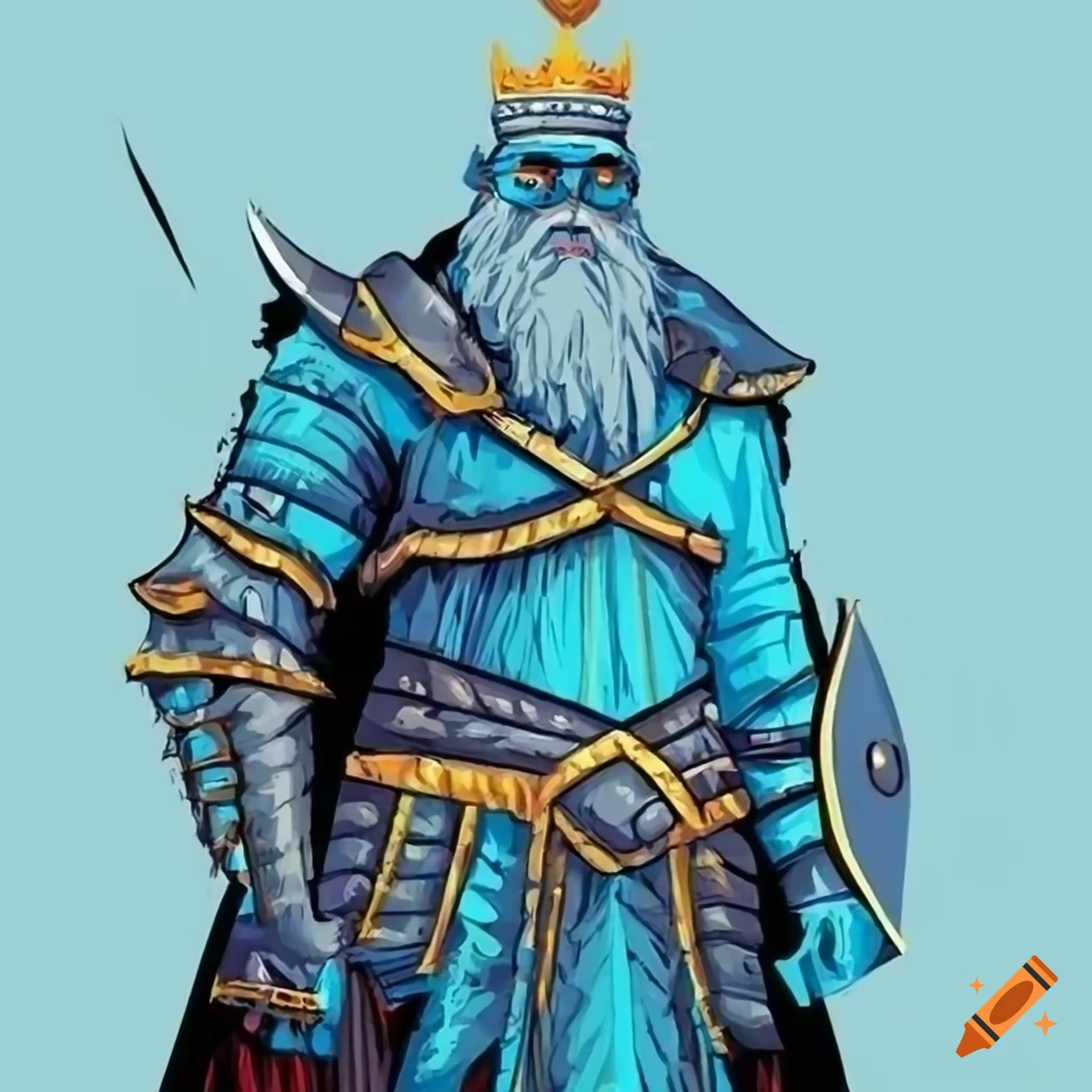 Giant with blue skin, white beard, crown, armor, and massive sword on ...