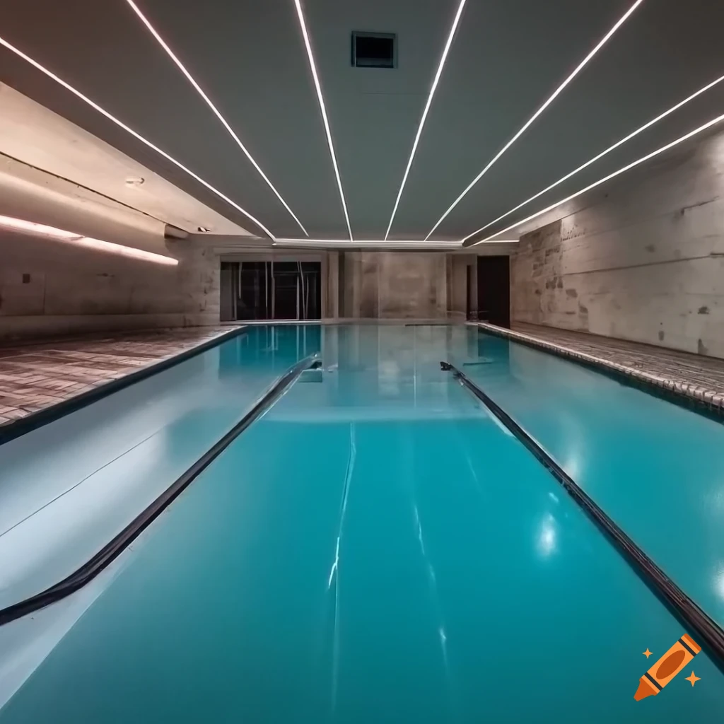 Large indoor swimming pool at night with diving boards and slides on ...