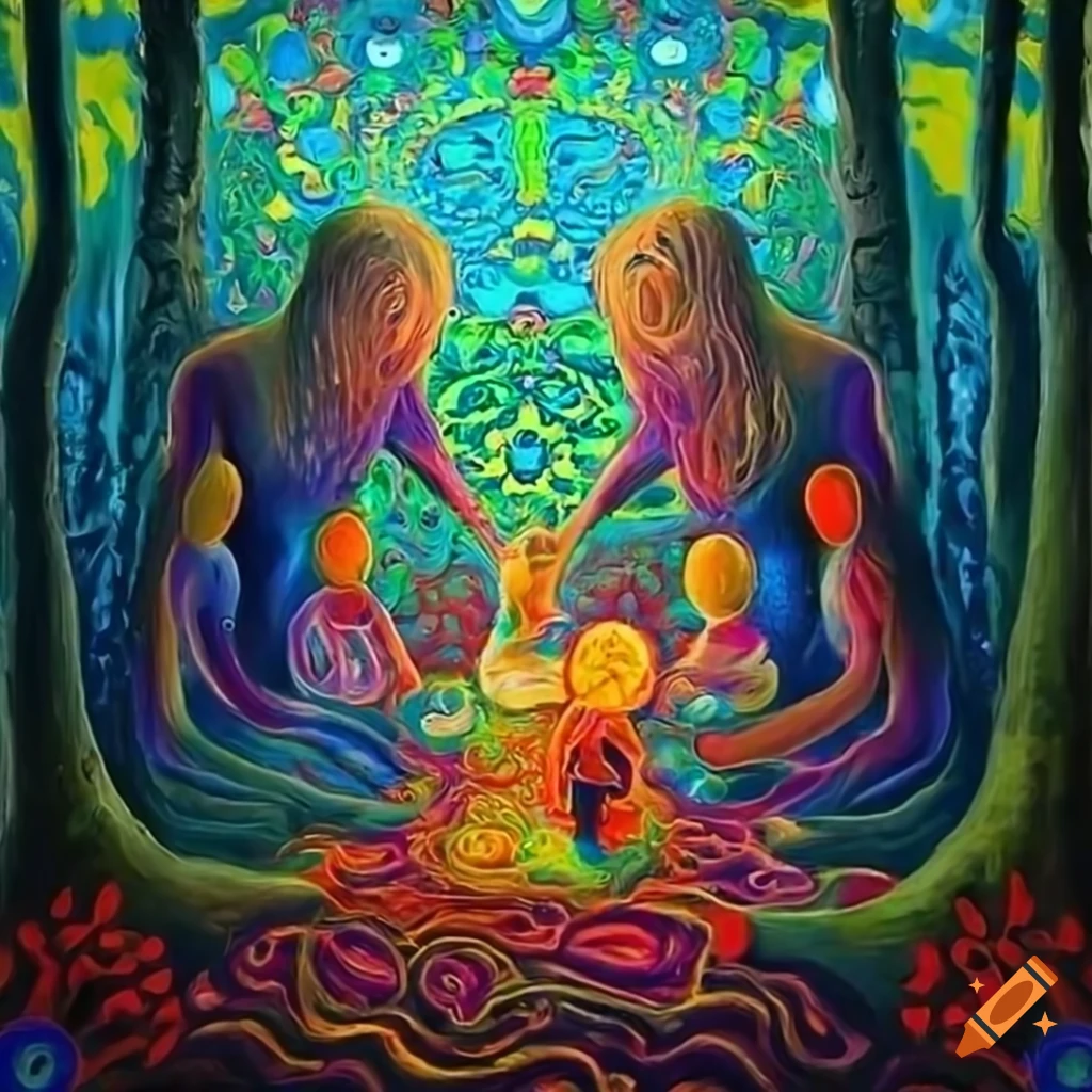 Family gathering in a surreal forest with vibrant colors on Craiyon