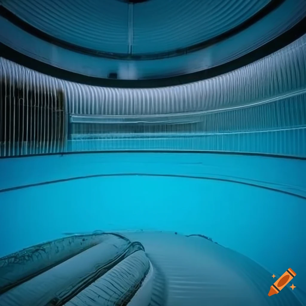 Inside industrial water tank with corrugated white walls and pool water ...
