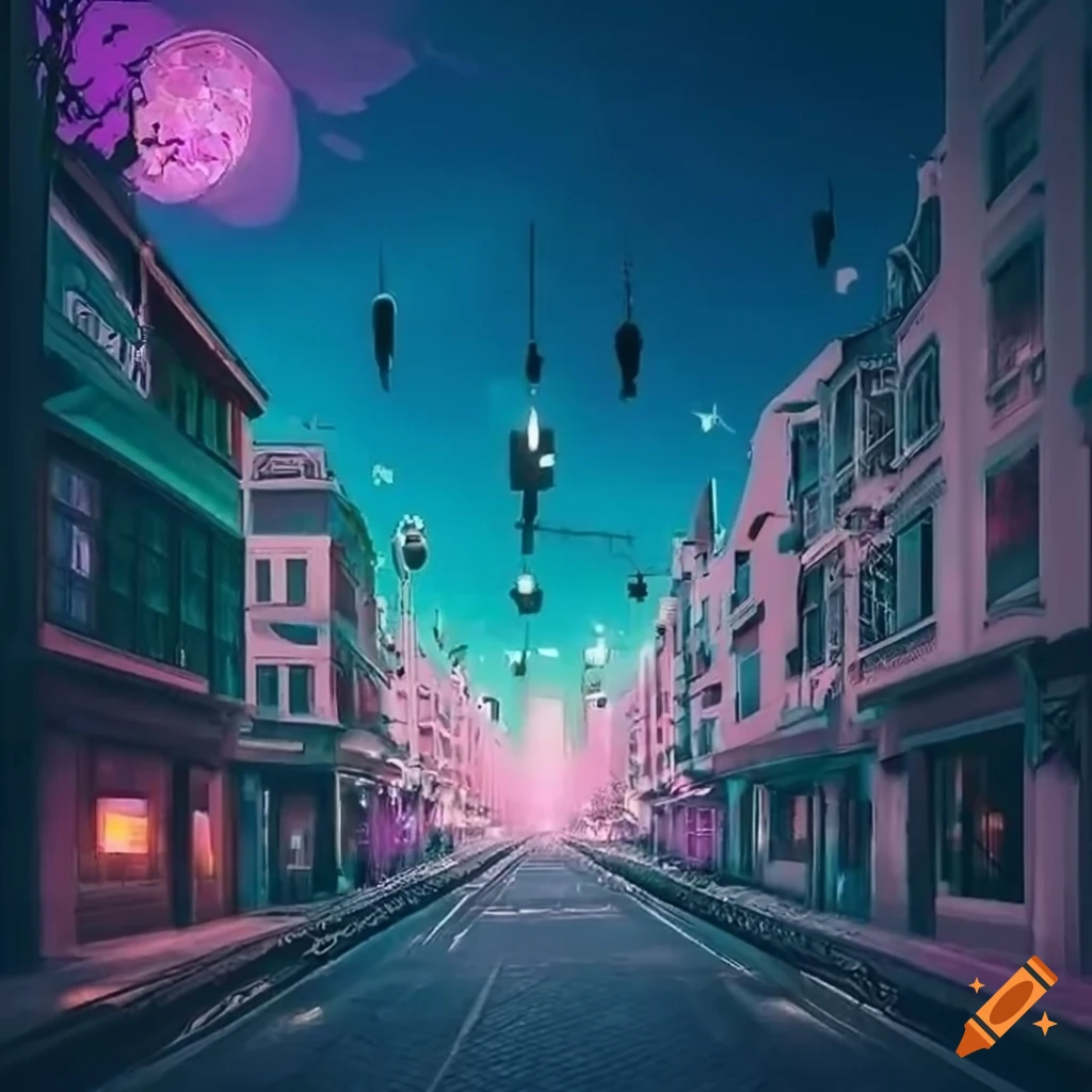 Detailed city street with a magical fey aesthetic on Craiyon